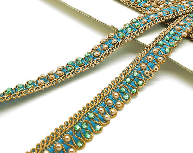 TURQUOISE GOLD BEADED Trim With Sequins and Beads Sequin Trim - Etsy