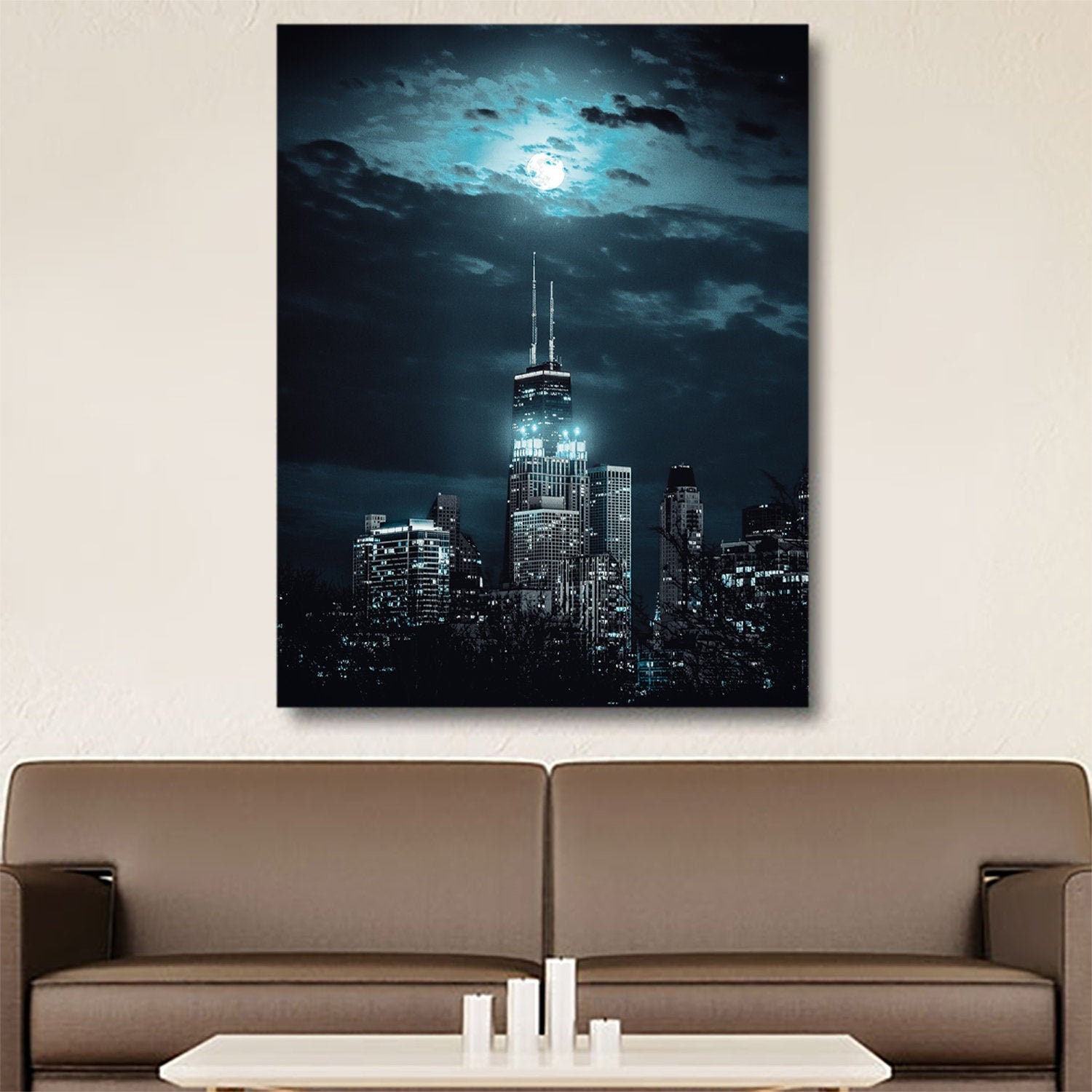 Chicago Night Skyline Full Moon Framed Canvas Wall Art Image | Etsy