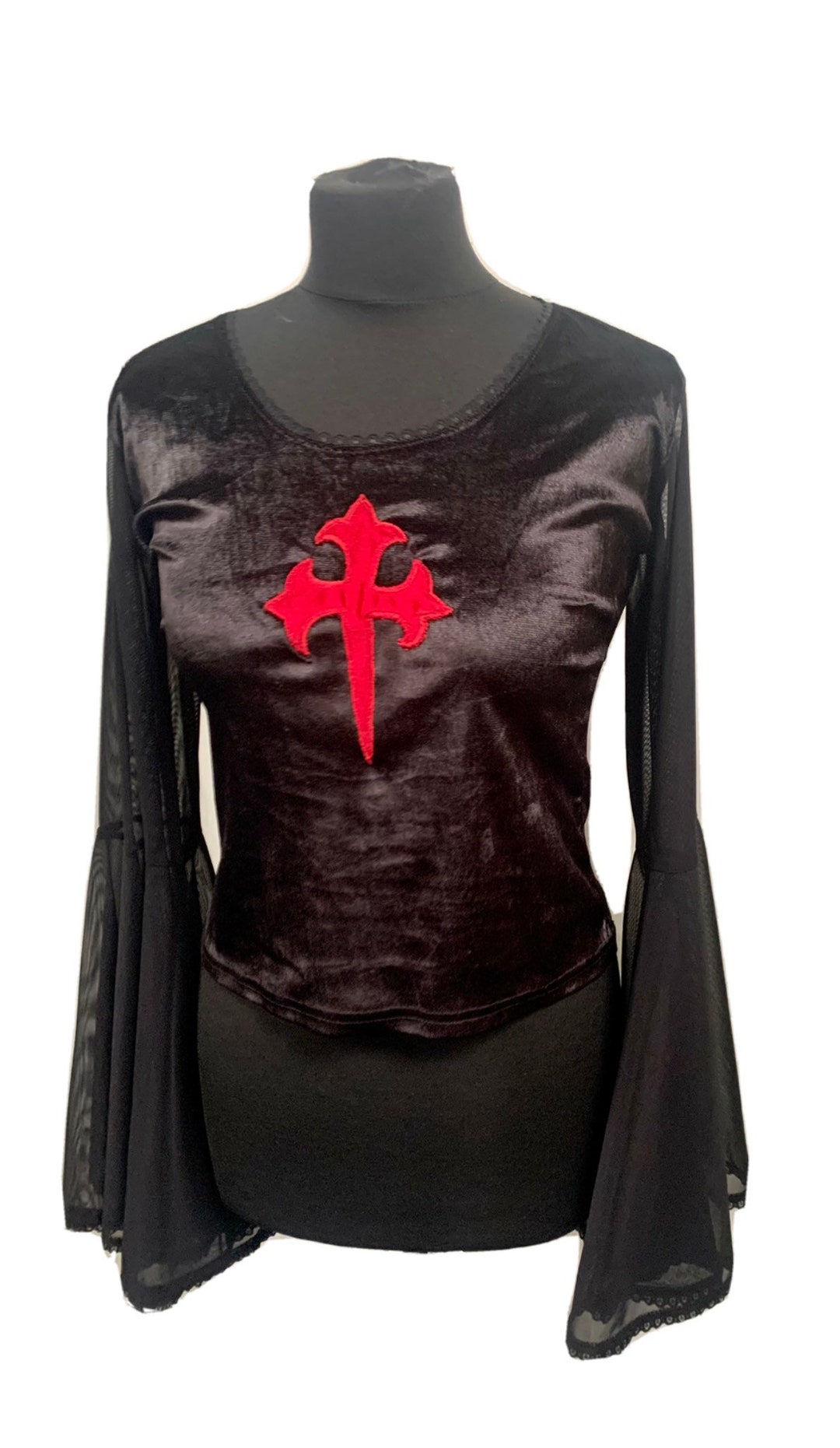 Steampunk Gothic Black Red Dagger Top With Mesh Bell Sleeve Sm - Etsy