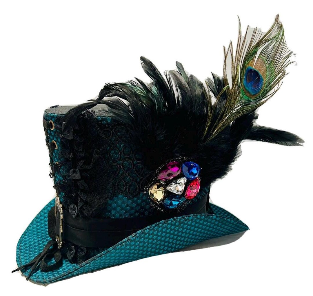 Steampunk / Gothic Jade Top-hat With Black Trim/ Feathers 58cm Festival ...