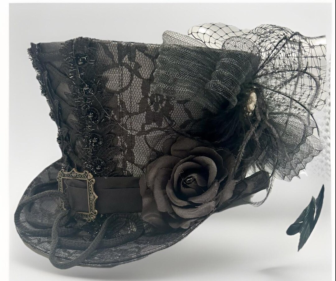 Steampunk Gothic Gunmetal Grey/ Black Lace Tophat With Black Rose ...
