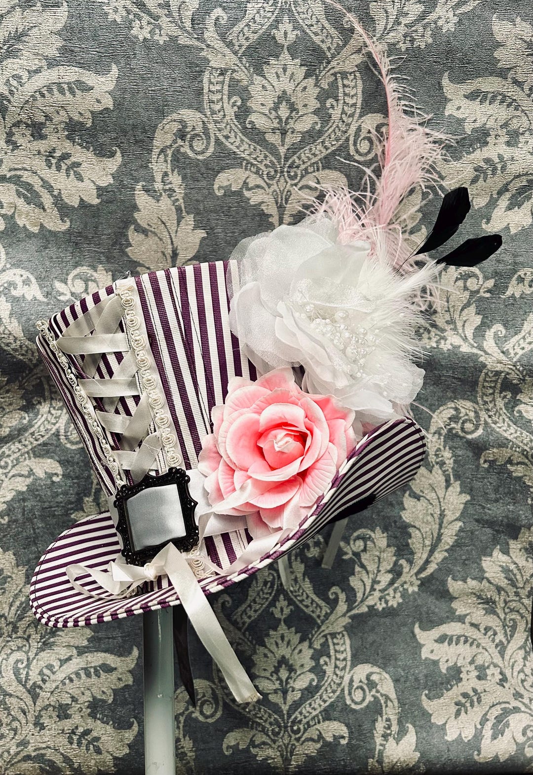 Top Hat Steampunk Pinstripe Tea Party Top Hat With Flowers and Feathers ...