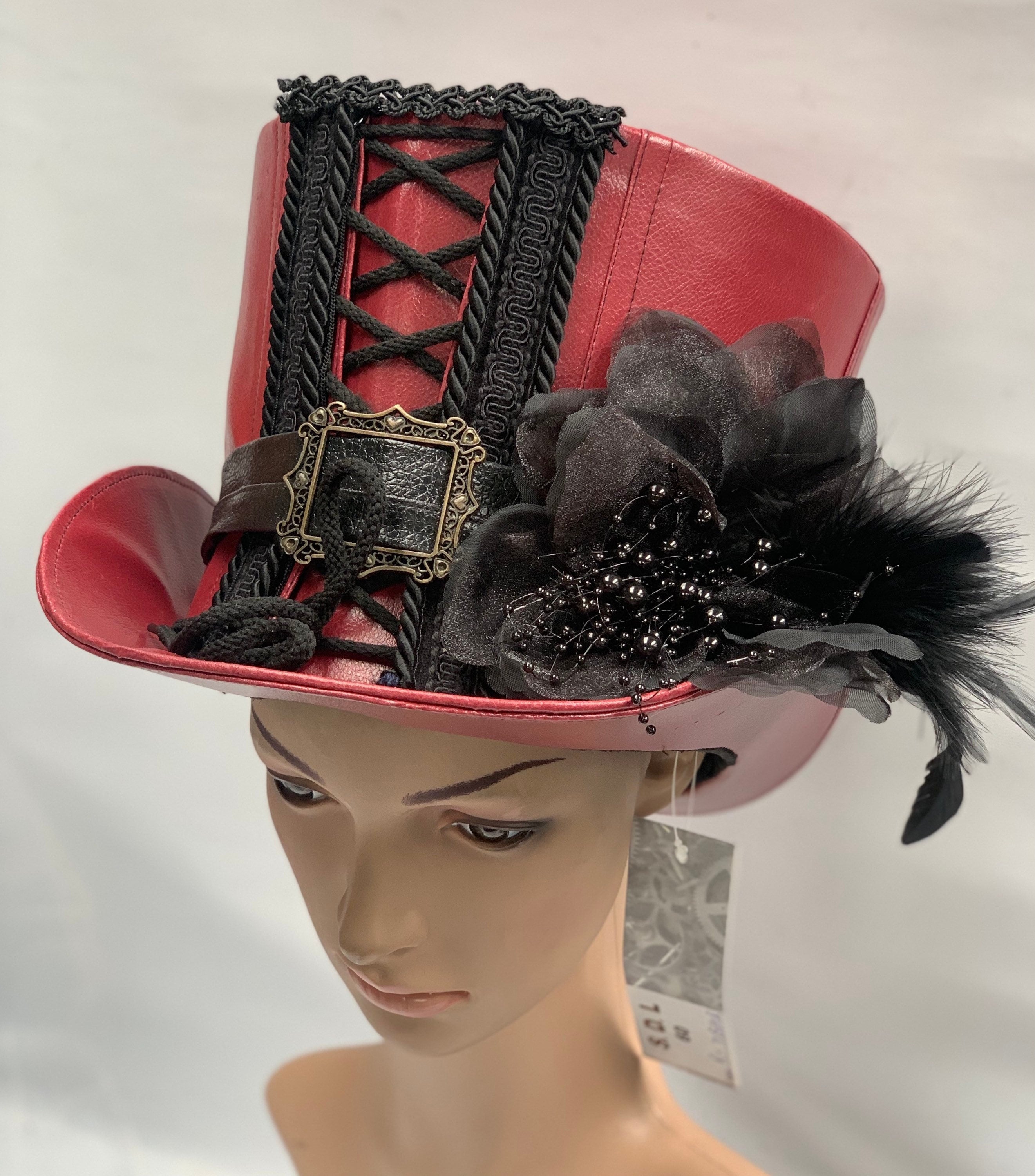 Top Hat SDL Gothic Steampunk Dark Red Leatherette Top Hat With Flower ...