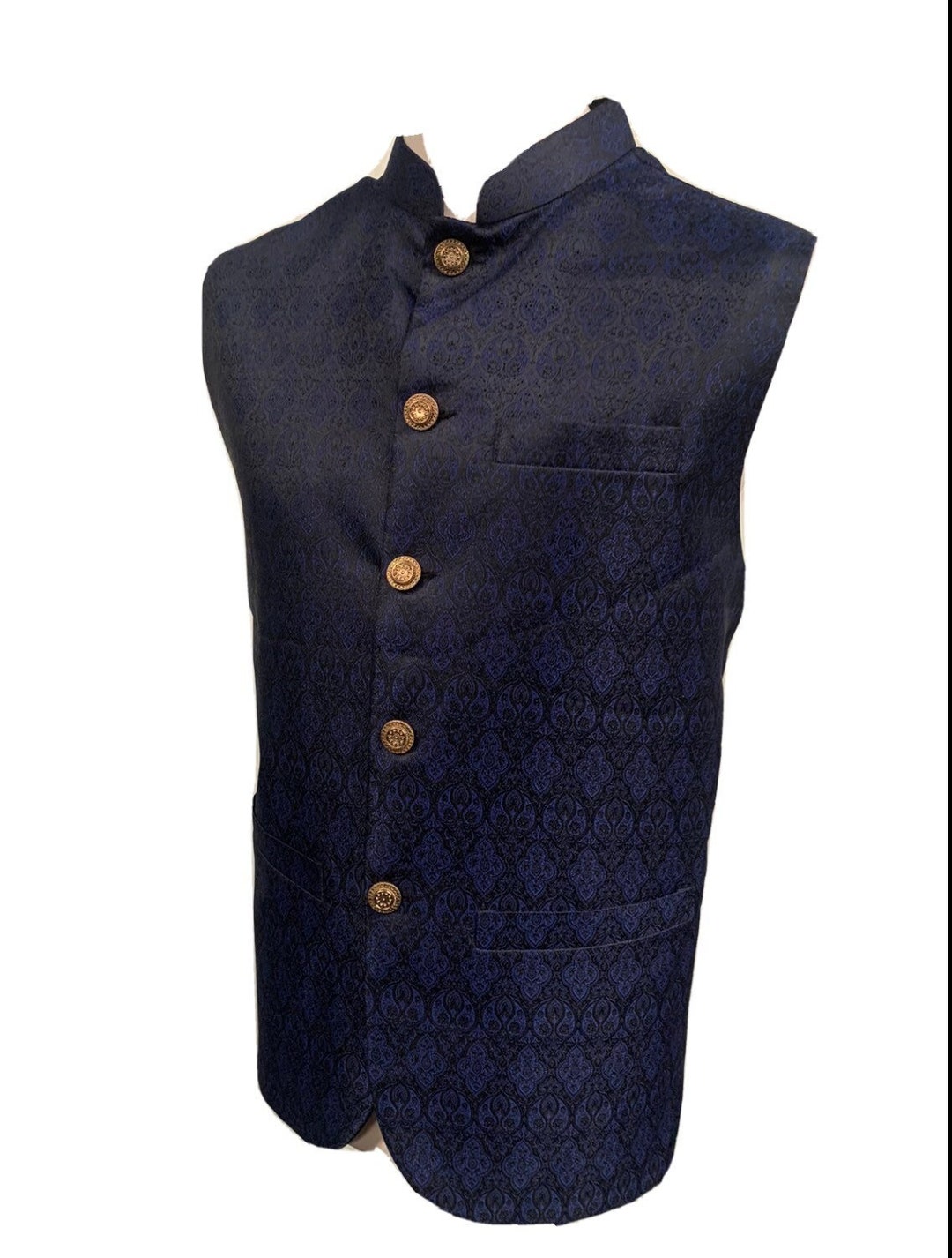 Steampunk Navy Blue Brocade Waistcoat With High Neck and Pocket Chest ...