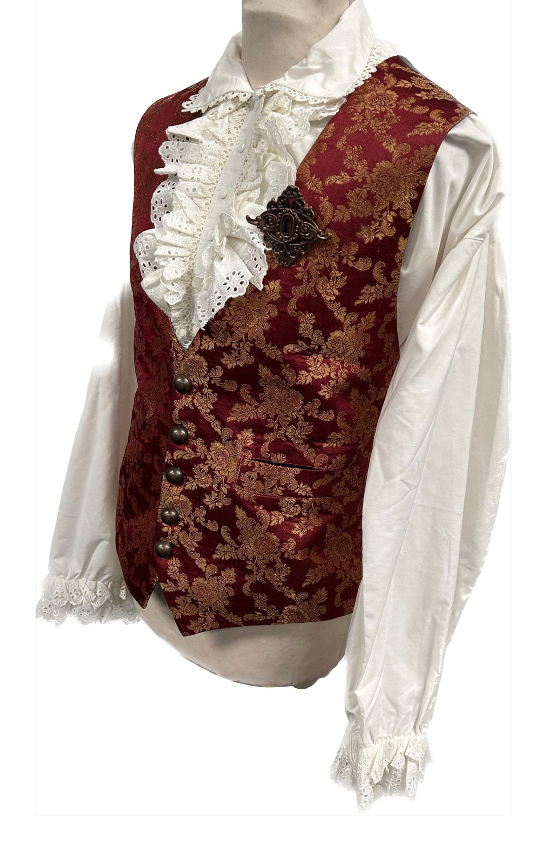 Waistcoat Steampunk Victorian Gothic Brocade Waist Coat Dark Red Gold