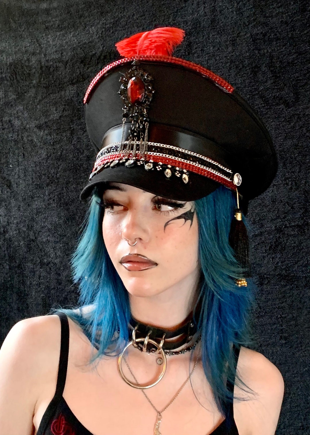 Raven Clothing Gothic Priestess Black Captain Hat With Red Jewel 59cm ...