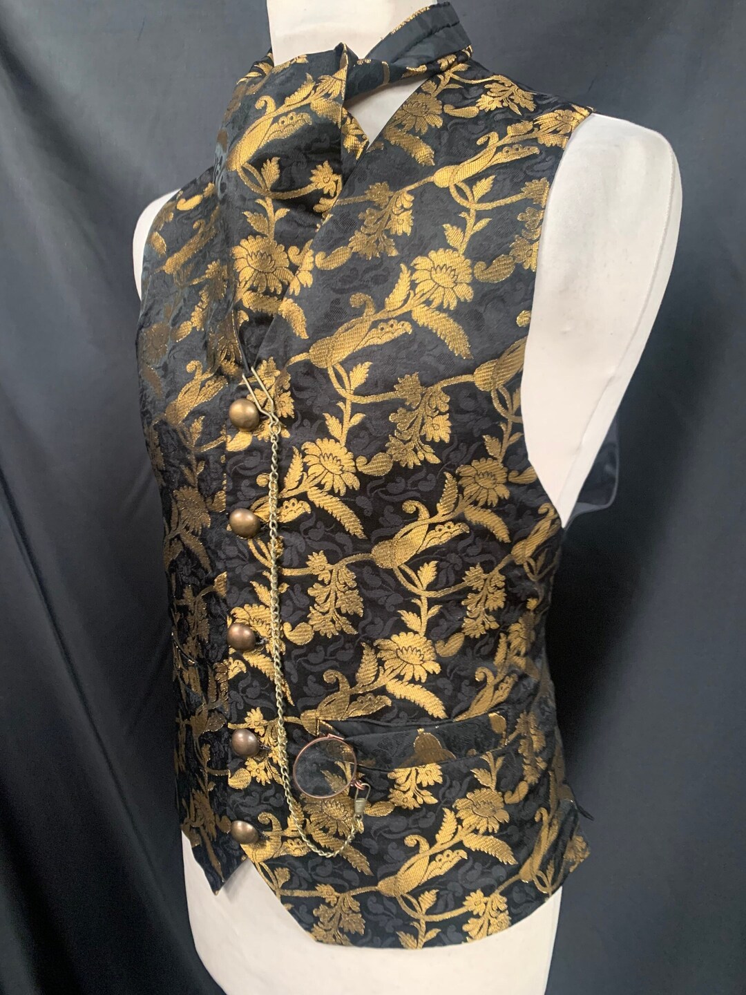 Steampunk Gothic Black and Gold Brocade Waistcoat/ Cravat SM Chest 38/ ...