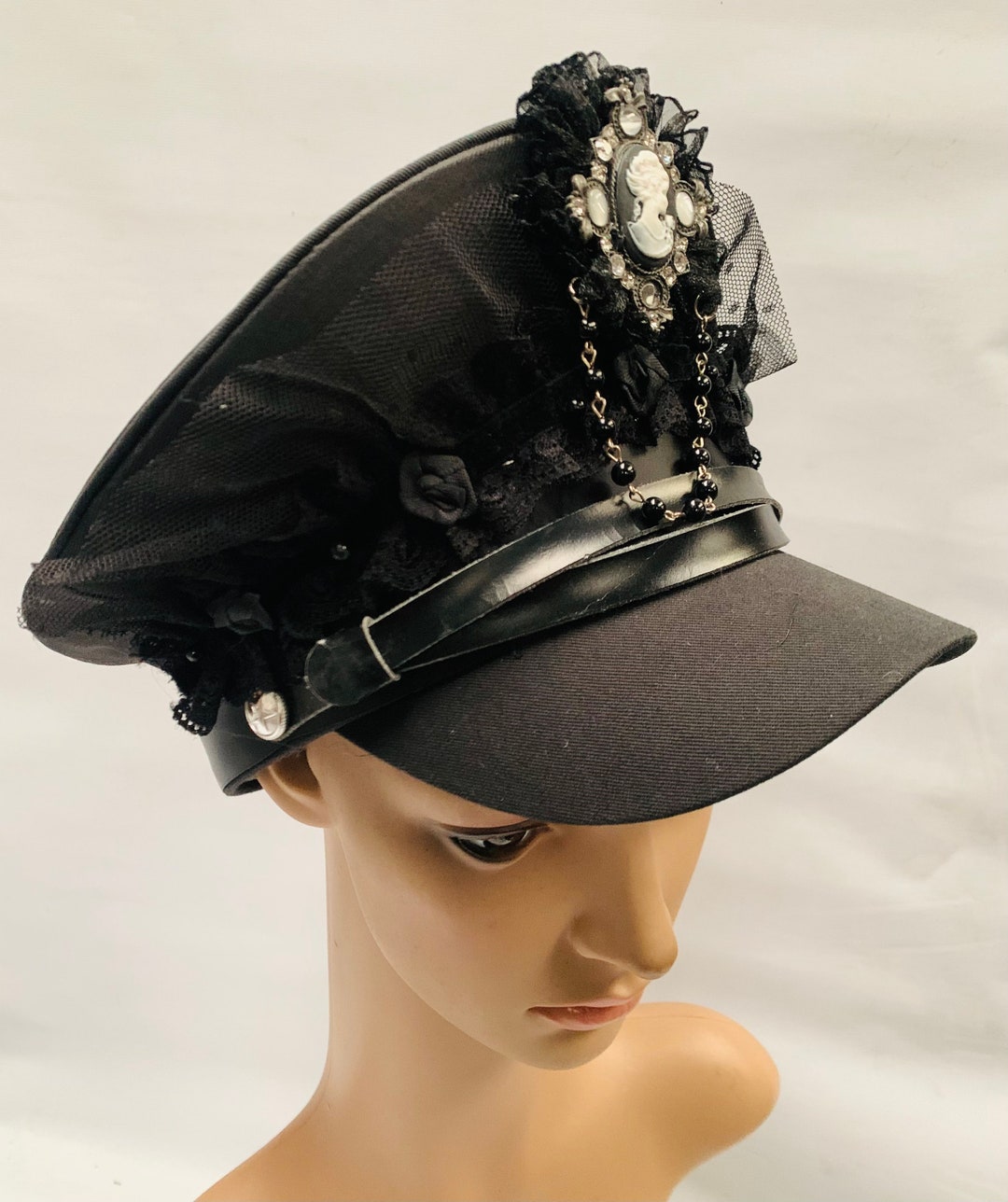 Captain Hat Steampunk Gothic Black Captain Hat With Cameo and Lace Trim ...