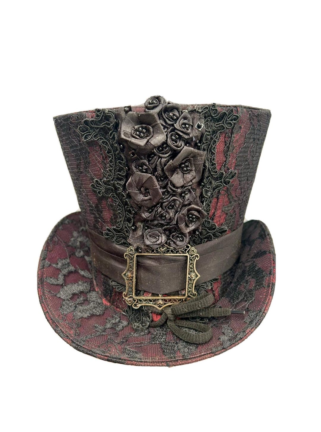 Steampunk Gothic Red / Black Lace Tophat Wiith Rose Trim and Ragged ...