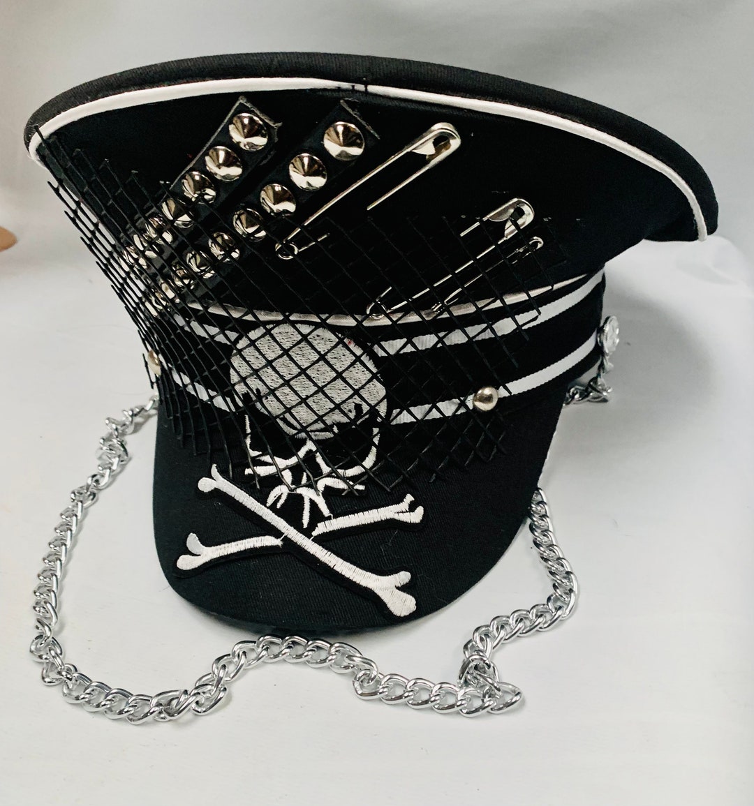 Punk Rock Gothic Black Military Hat With Studs, Skull and Chain Captain ...