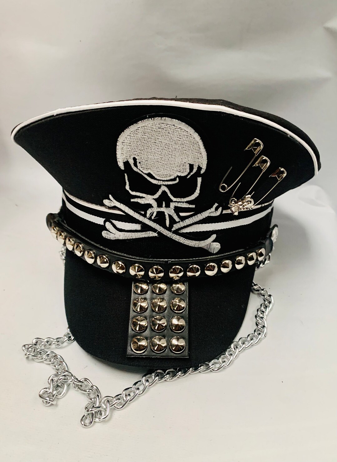 Punk Rock Gothic Black Military Captain Hat With Studs and Skull - Etsy