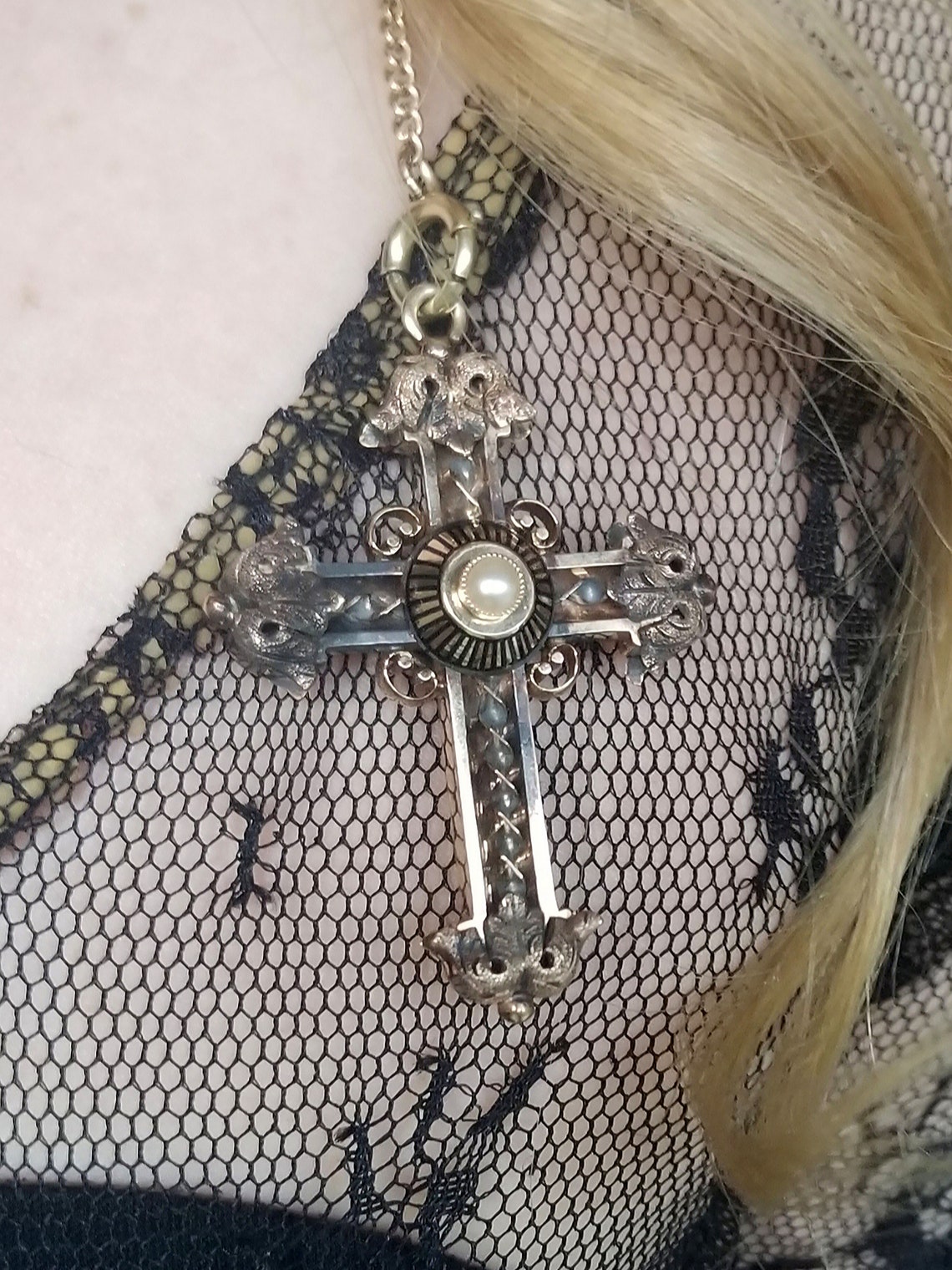 Antique 1800s Victorian Cross With Pearls and Black Enamel in 10K Gold ...