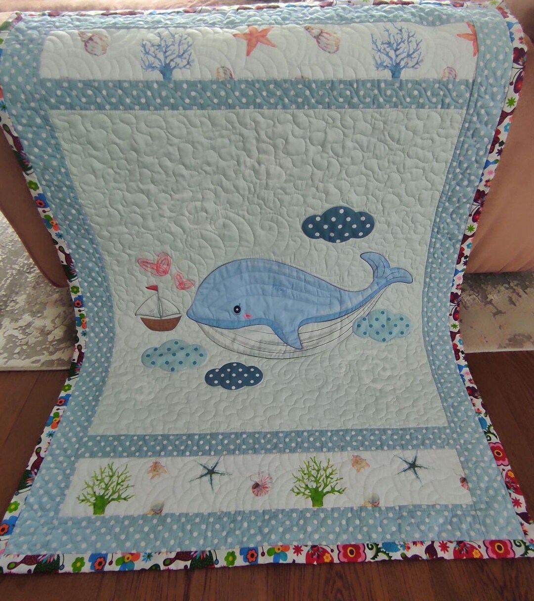 Sea Life Quilt Handmade Baby Quilt Whale Blanket Toddler Boy Quilt Blue ...