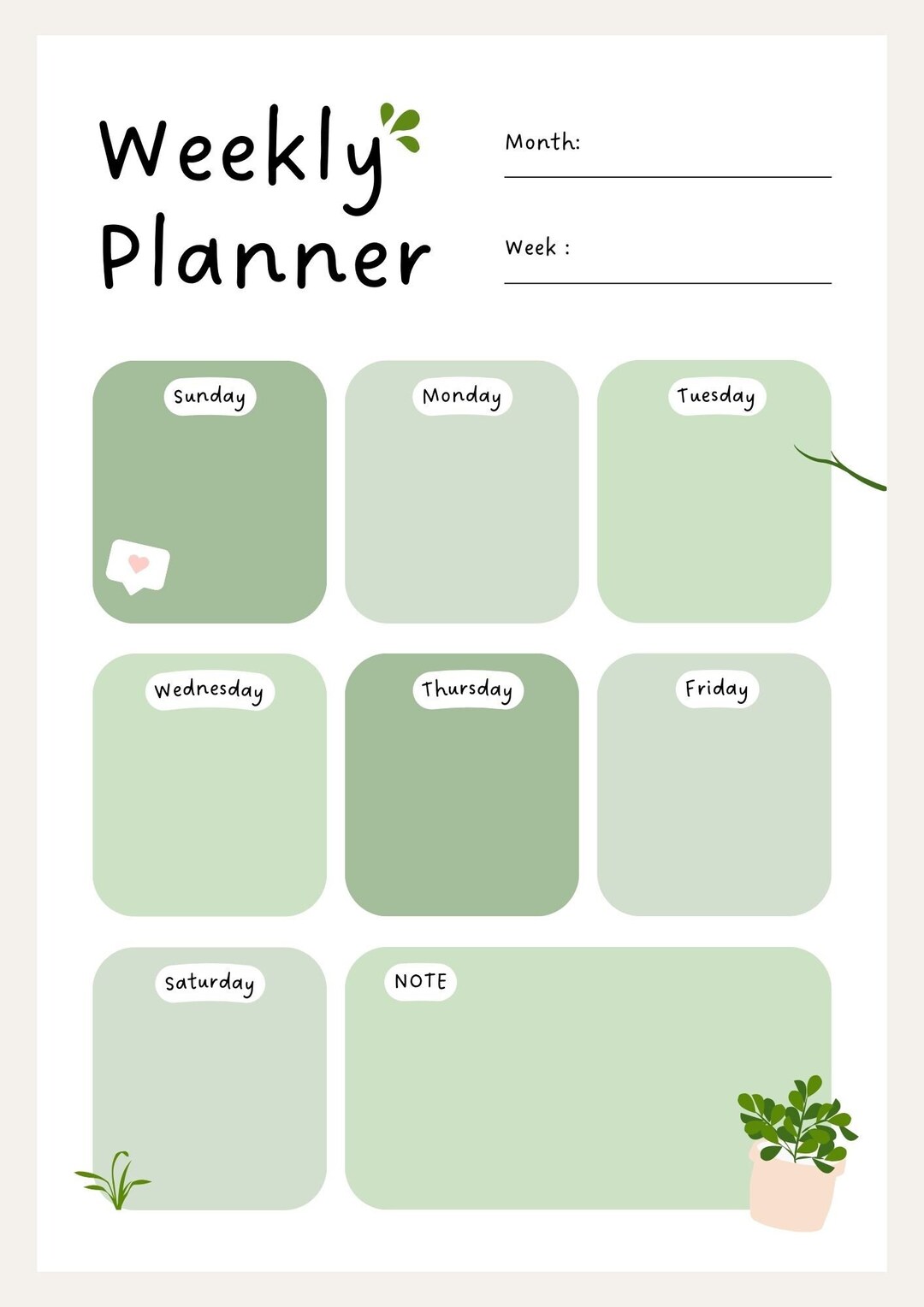 Plant Themed Weekly Planner, Instant Download Planner, Minimal ...