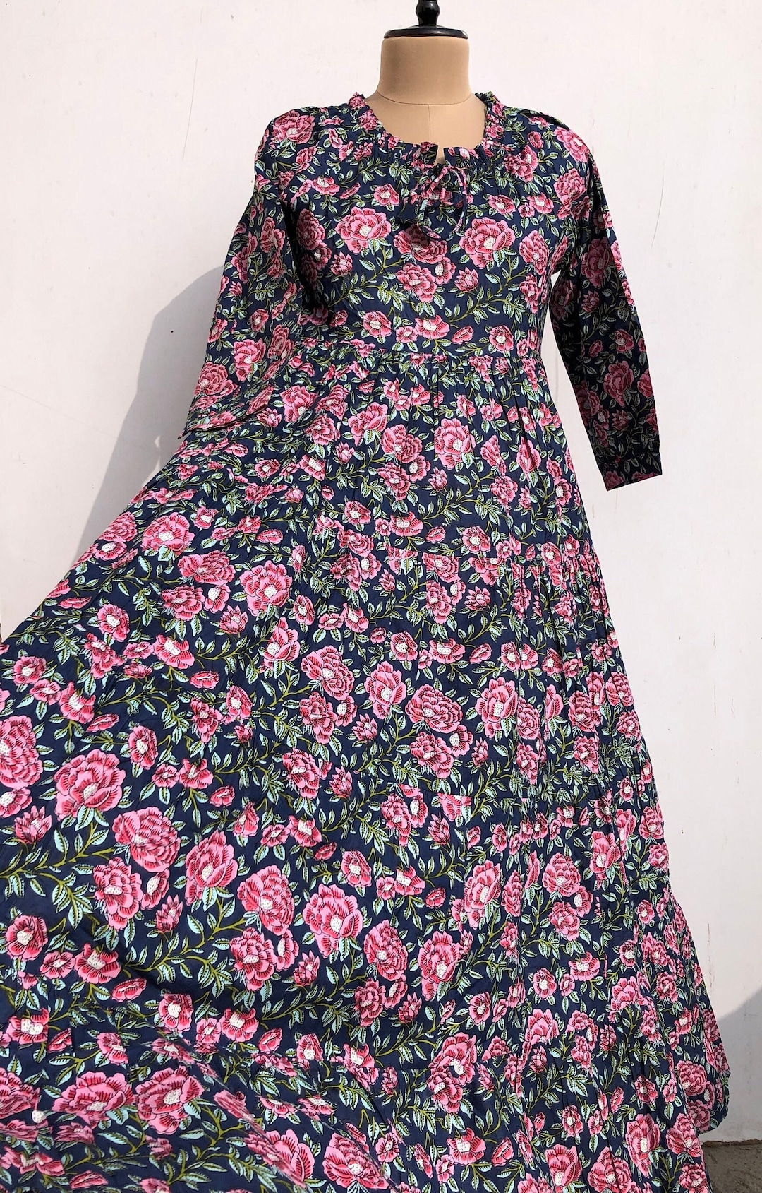 Organic Cotton Women Wear Dress, Leaf Block Print Women Long Dress ...