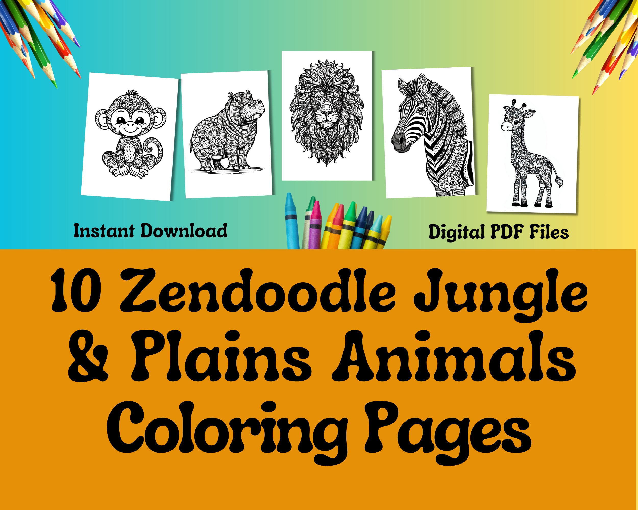 Zendoodle Jungle & Plains Animals Coloring Pages, 10 Unique Animal ...