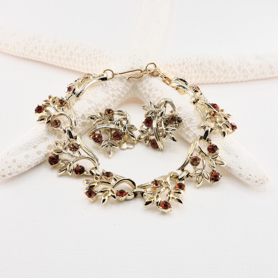 Coro Jewelry Two Piece Set, Dainty Gold Leaf Bracelet & Clip on Earrings, Vintage Fall Bracelet ...