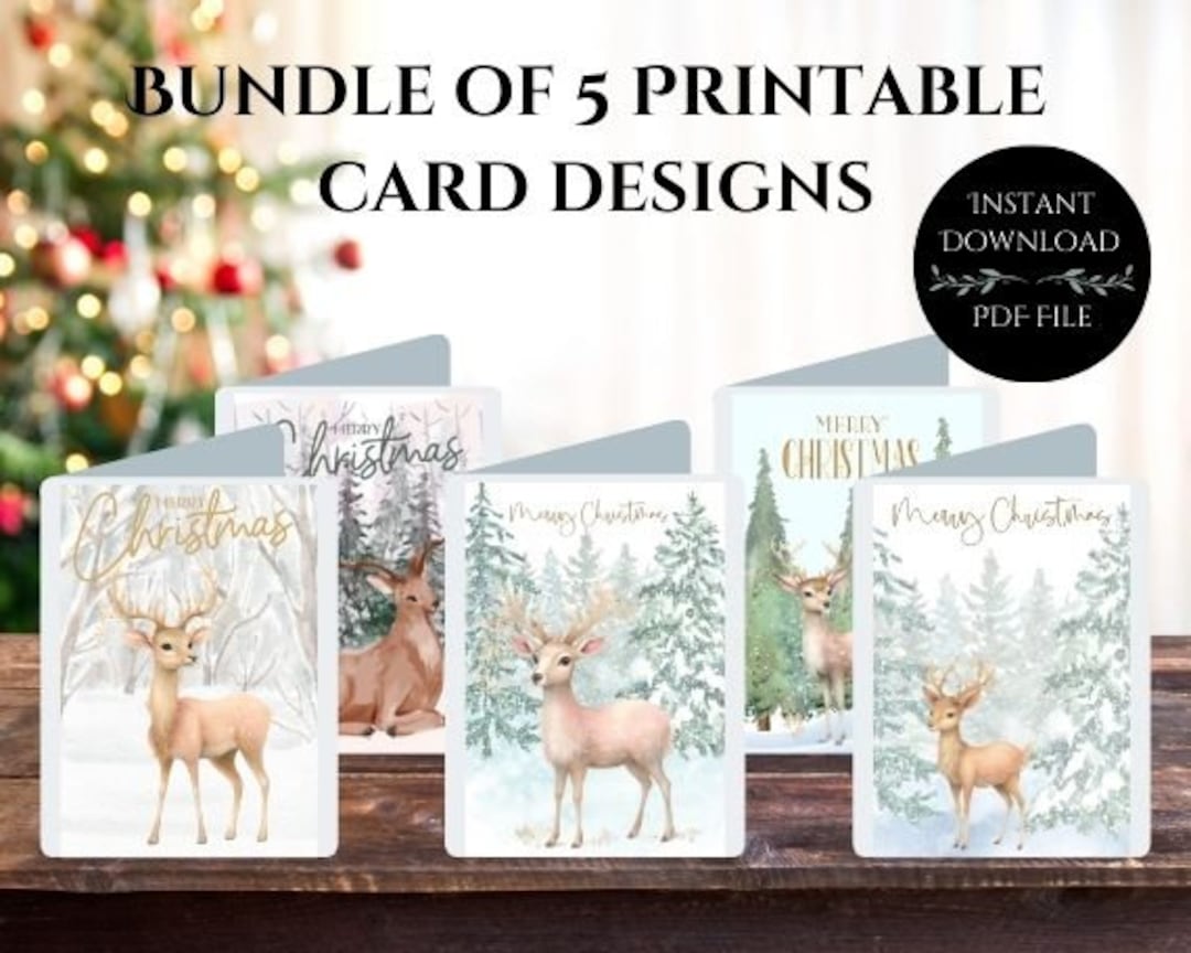 Printable Reindeer Christmas Cards 5 Christmas Card Bundle Instant ...