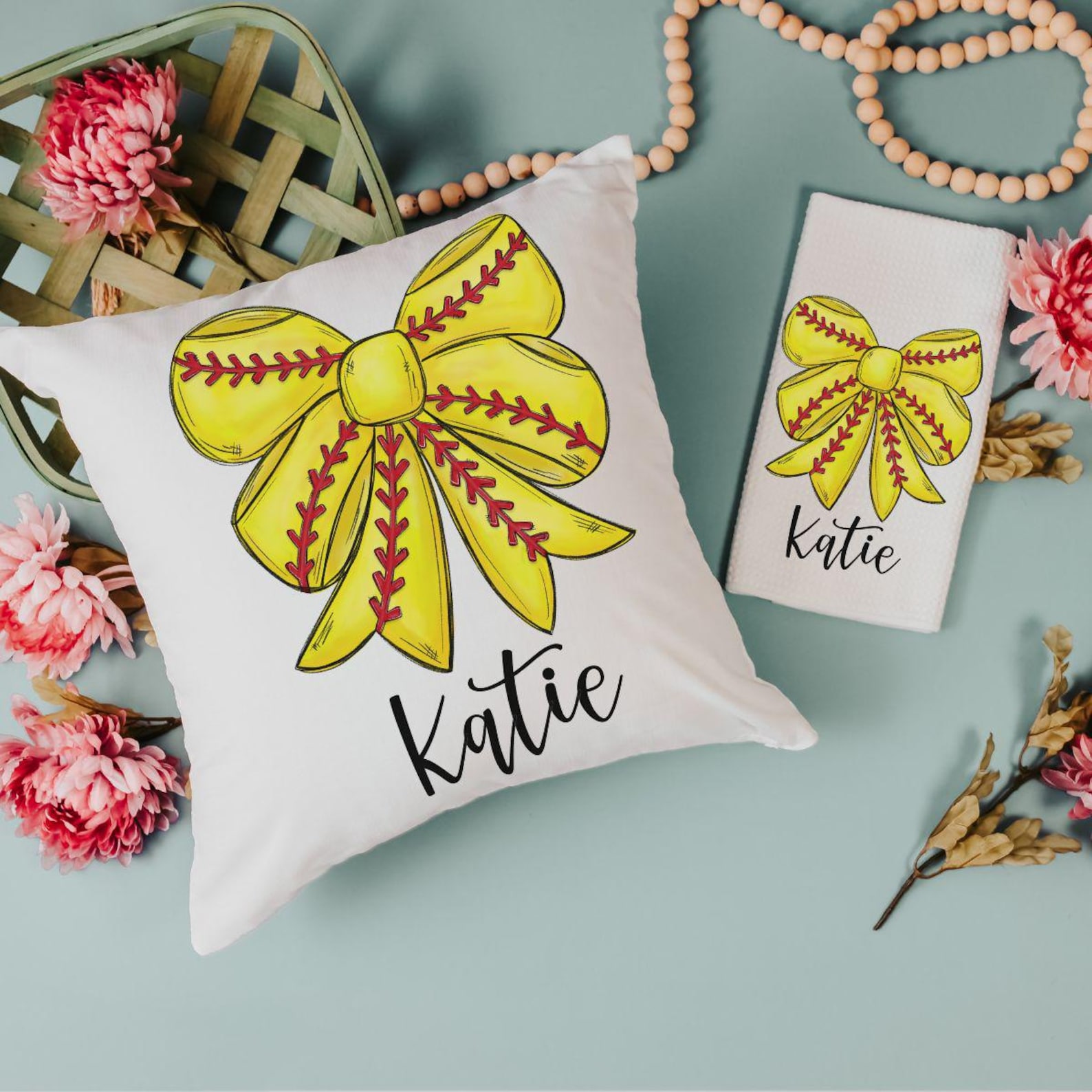 Personalized Softball Coquette Bow Throw Pillow With Name, Cute ...