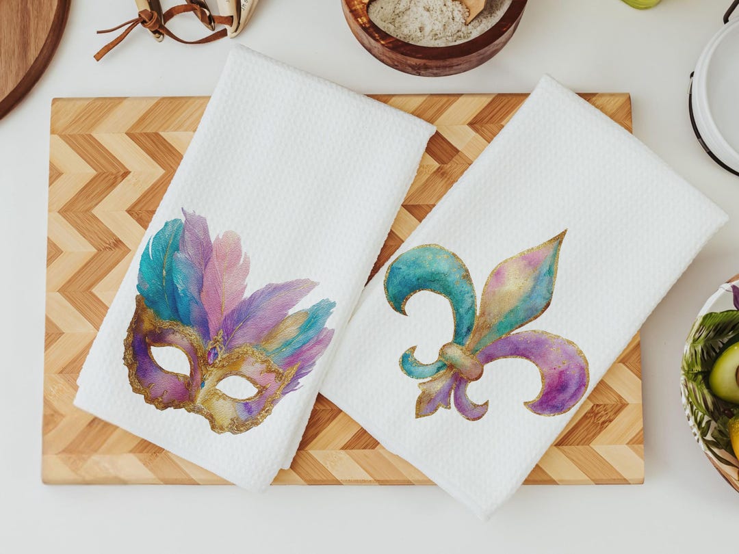 Mardi Gras Carnival Mask Kitchen Towels for Gifts, Watercolor Fleur De ...