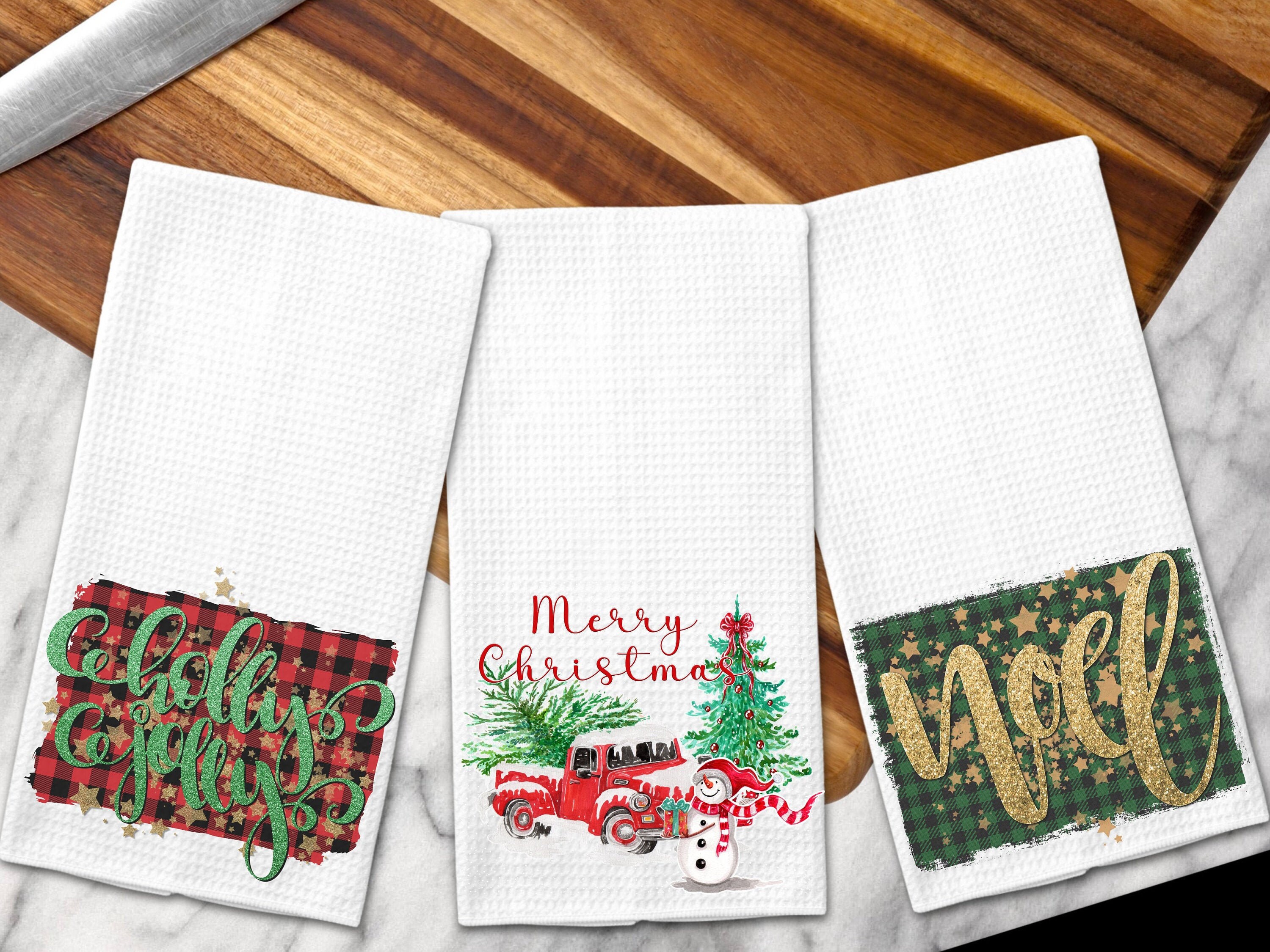Christmas kitchen towels set of 3 red truck decor winter | Etsy