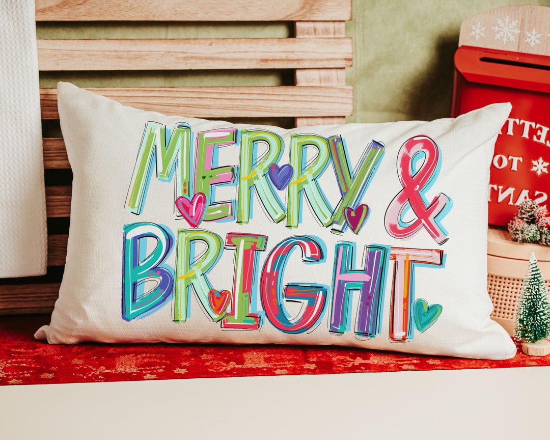 Merry and Bright Colorful Christmas Lumbar Pillow Cover 12x20, Cute ...