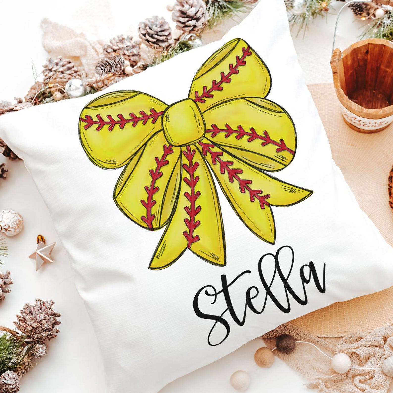 Personalized Softball Coquette Bow Throw Pillow With Name, Cute ...