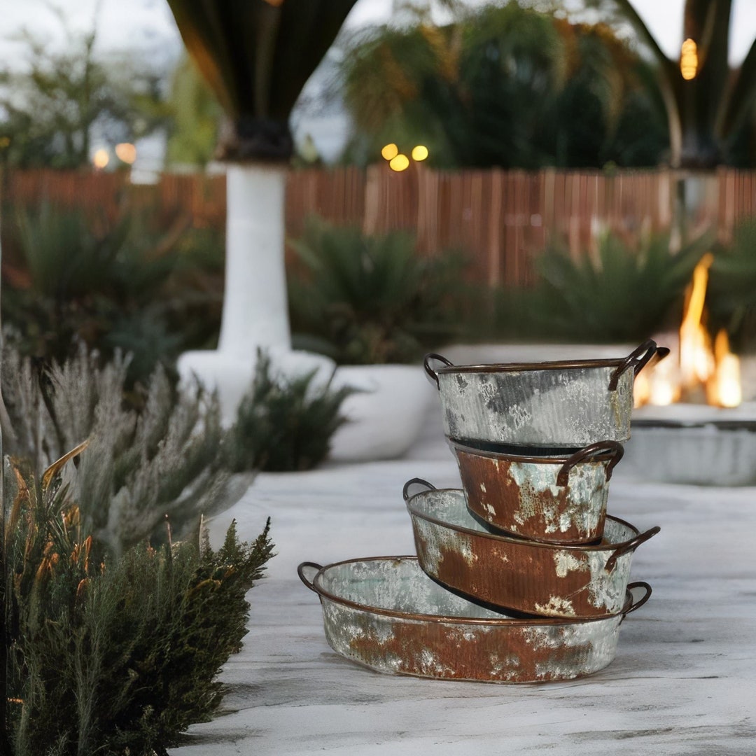 Antique Style Rustic Bathtub Planter Set With Copper Handles - of 4 - Etsy