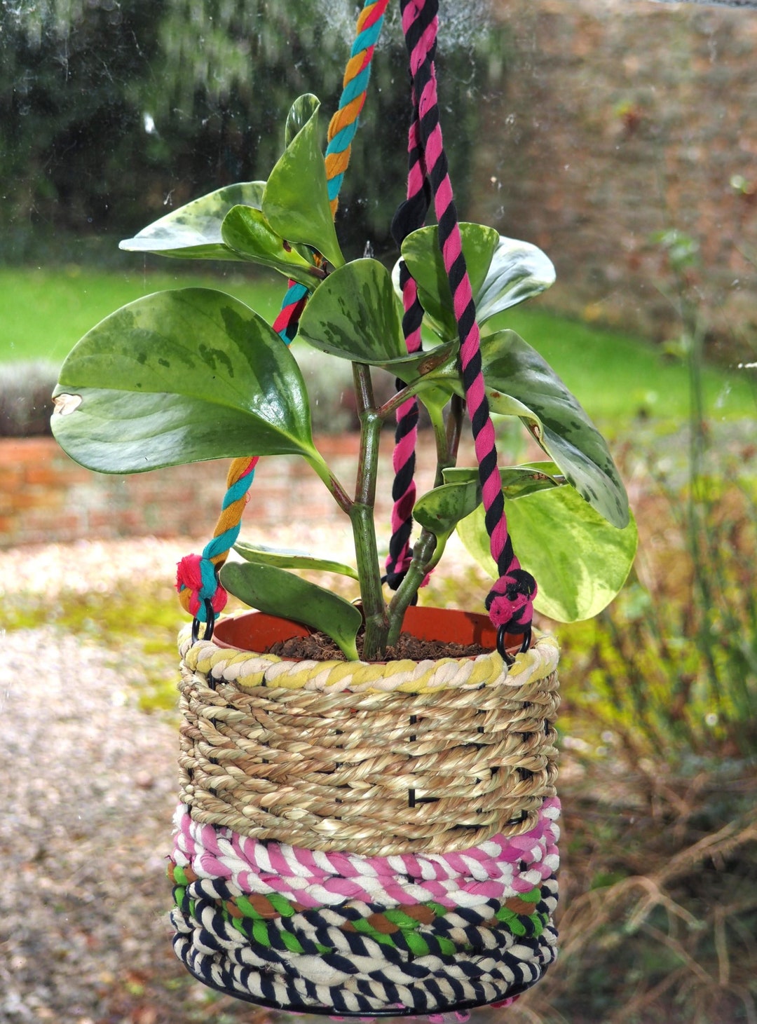 Munja and Reclaimed Fabric Eco Hanging Planter With Removable Metal ...