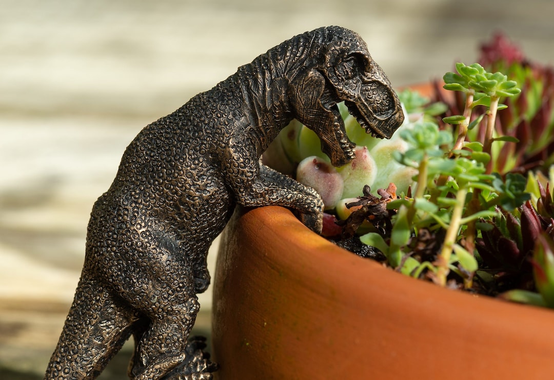 Bronze T-rex Pot Buddy | Dinosaur Garden Decor | British Design | US ...