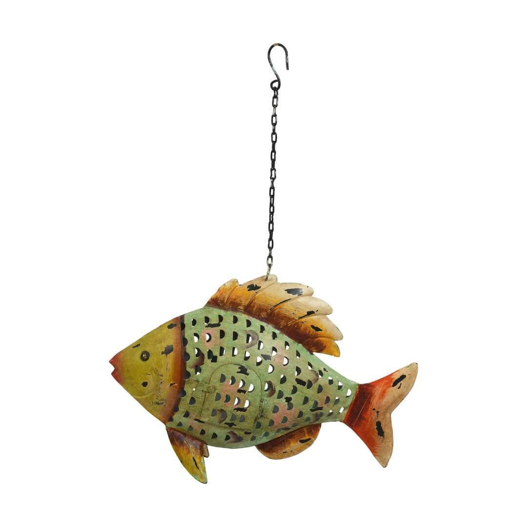 Verdigris Patina Fish Tea Light Holder: Recycled Iron Hanging Lantern ...
