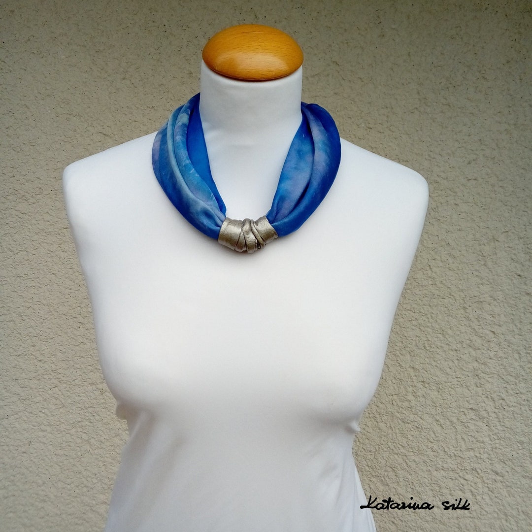 Blue Small Silk Scarf for Woman, Gift for Wife, Scarf With Pendant ...