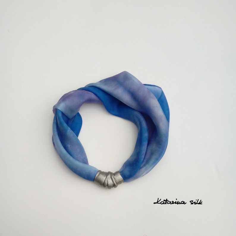 Blue Small Silk Scarf for Woman, Gift for Wife, Scarf With Pendant ...