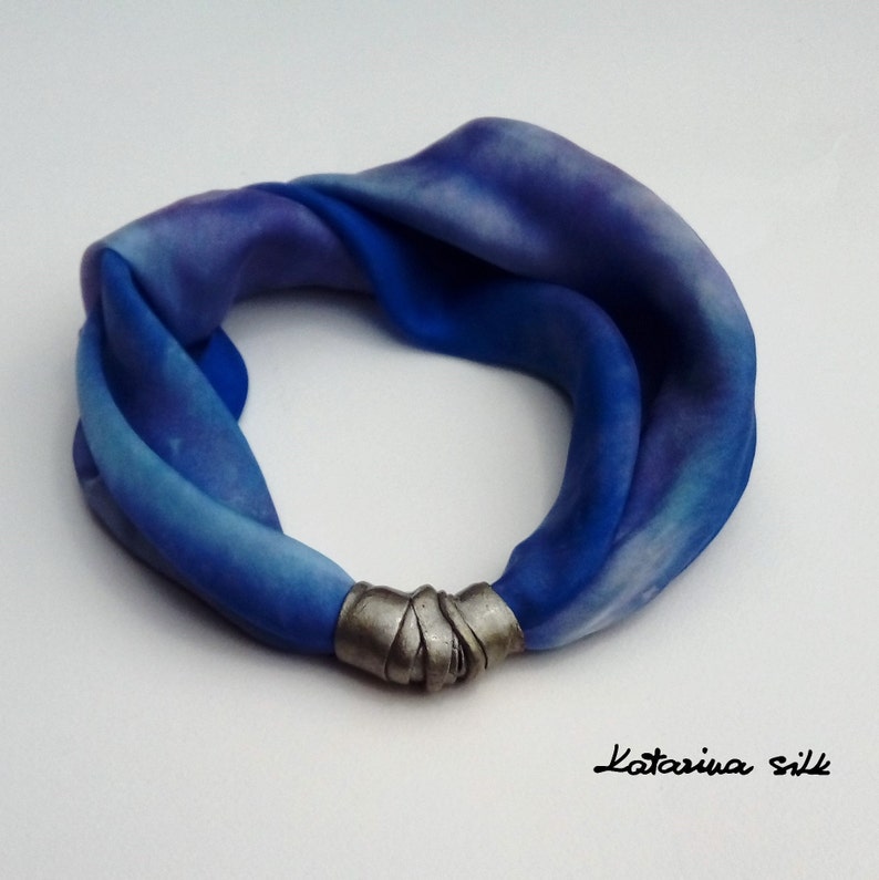 Blue Small Silk Scarf for Woman, Gift for Wife, Scarf With Pendant ...