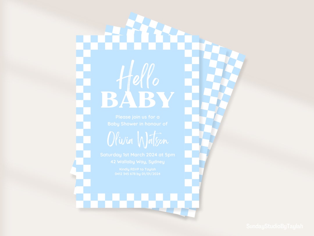Baby Shower Invite, Baby Sprinkle, Hellow Baby, Blue, Checkered ...