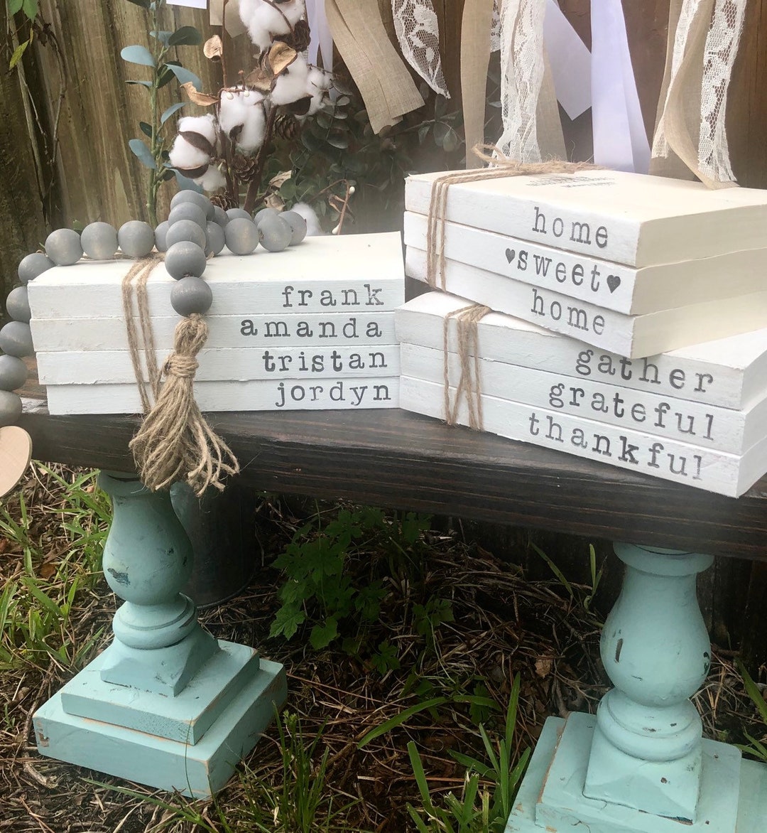 Hand Stamped Book Stack, Farmhouse Book Stack, Handstamped Names Book ...