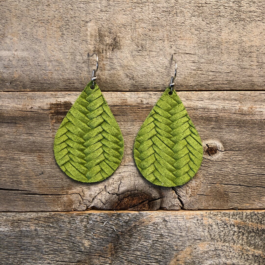 Bright Green Fishtail Braid Leather Earrings - Etsy