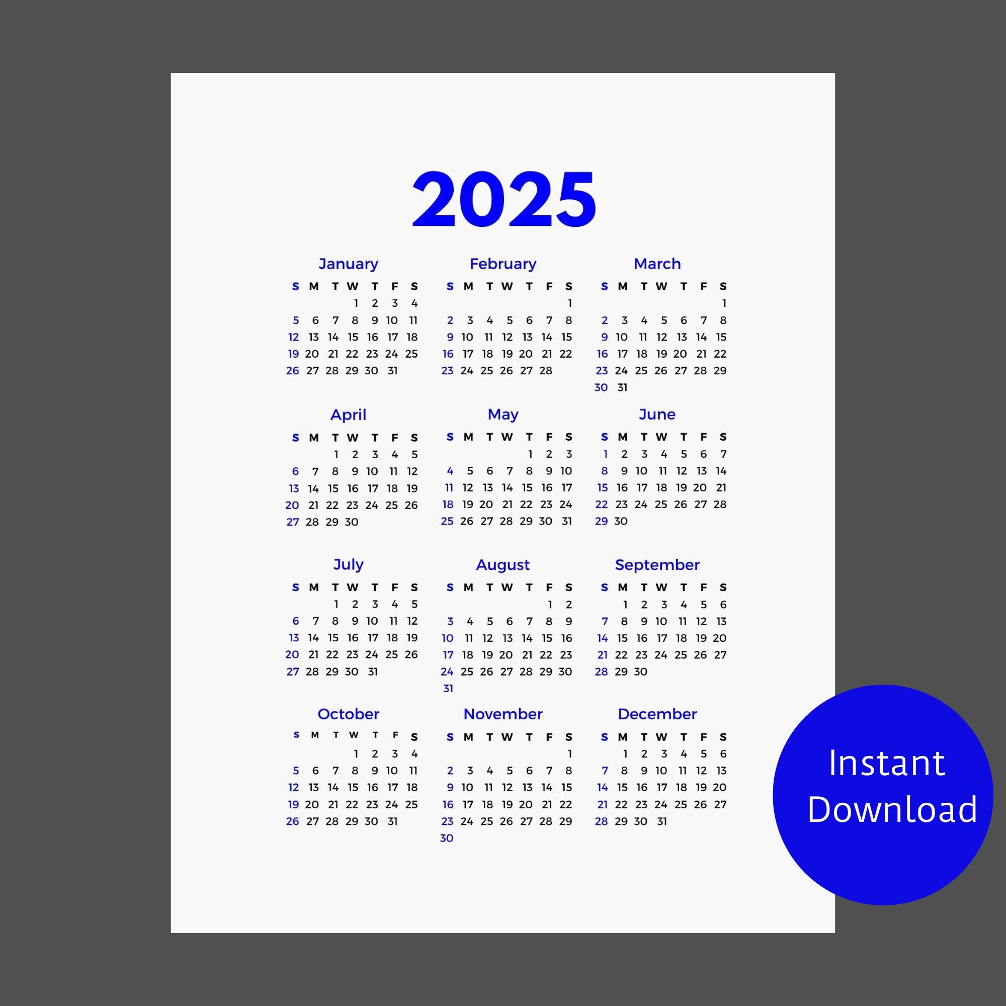 Calendario imprimible de un vistazo del año 2025, calendario PDF 2025, calendario PNG 2025 ...