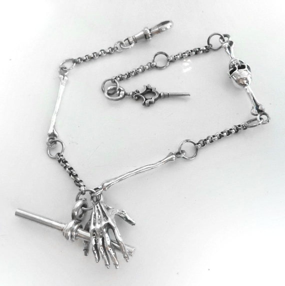 Solid Silver Skull Skeleton Albert Chain Snuff Albert… - Gem