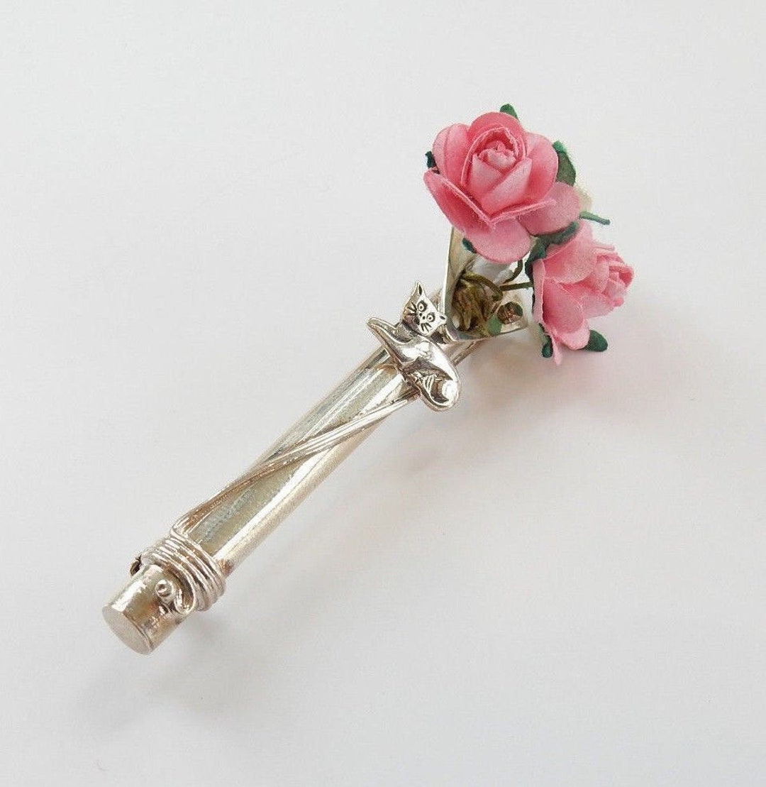 Sterling Silver Cat Posy Holder Flower Brooch Boutonniere Lapel Pin - Etsy