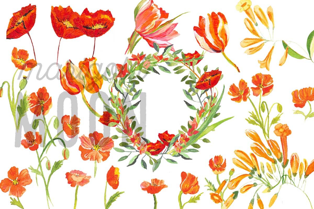 Watercolor Flowers Digital Clipart Yellow Orange and Red - Etsy