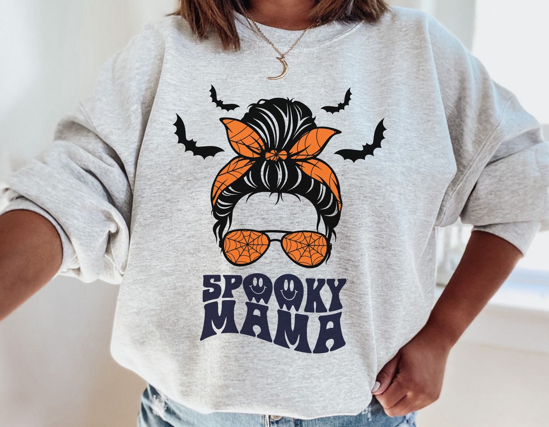 Retro Messy Bun Spooky Mama Sweatshirt Spooky Mama Clothing Halloween ...