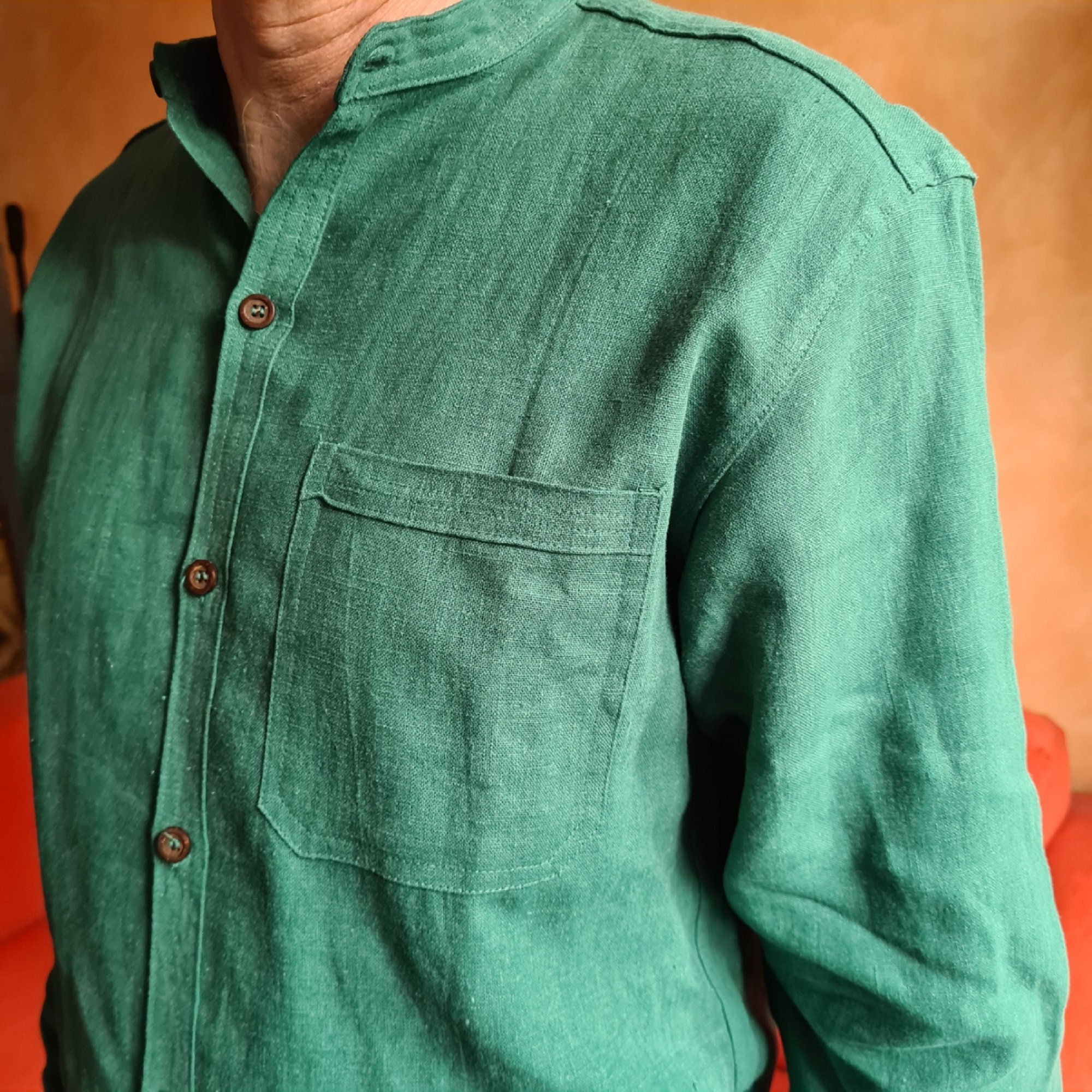 Grandad Shirt in Nettle Jungle Green Band Collar Mens Shirt - Etsy