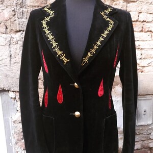 Upcycled Black Velvet Coat With Sacred Heart Appliqué - Gothic, One-of ...