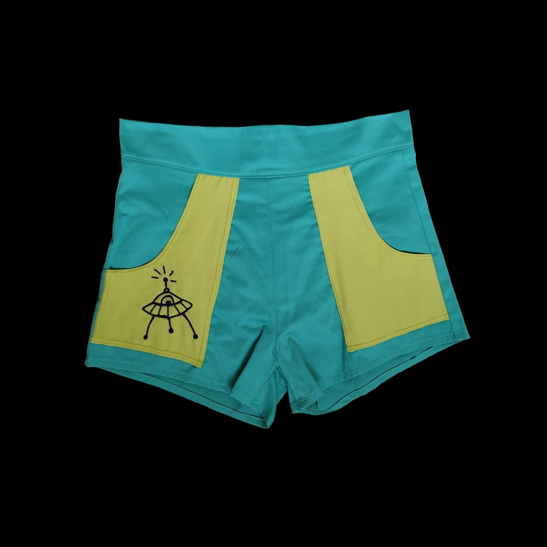 UFO High Waisted Teal Booty Shorts With Chainstitch Embroidery - Etsy