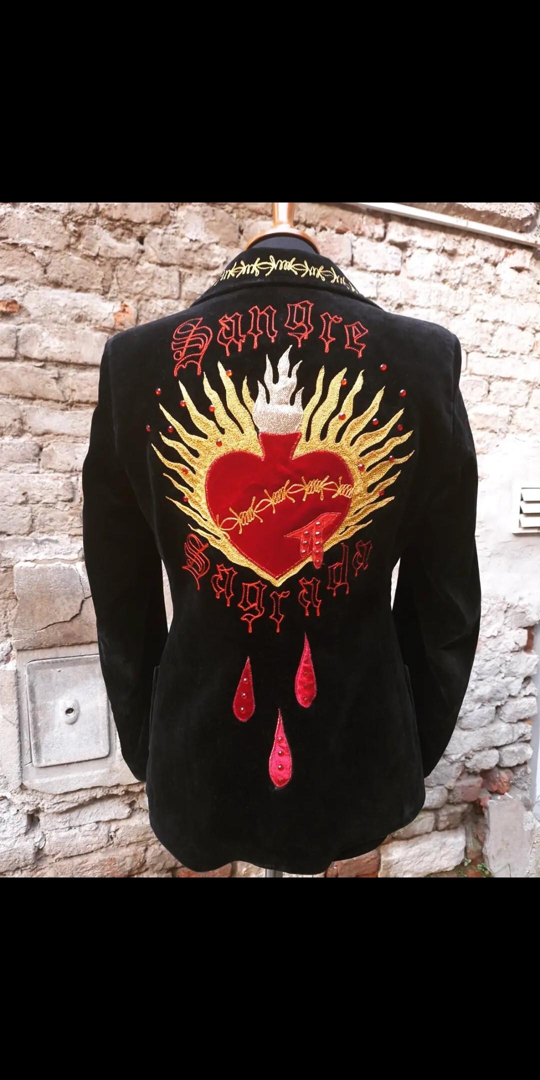 Upcycled Black Velvet Coat With Sacred Heart Appliqué - Gothic, One-of ...