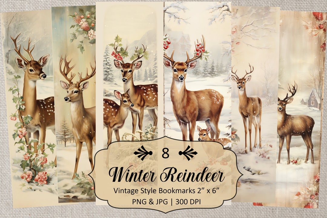8 Winter Reindeer Vintage Style Printable Bookmarks, Reindeer Bookmark ...