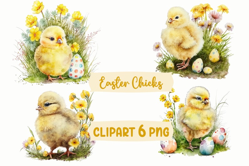 Watercolor Easter Chicks Clipart | Rustic Spring PNG Graphics (digital ...