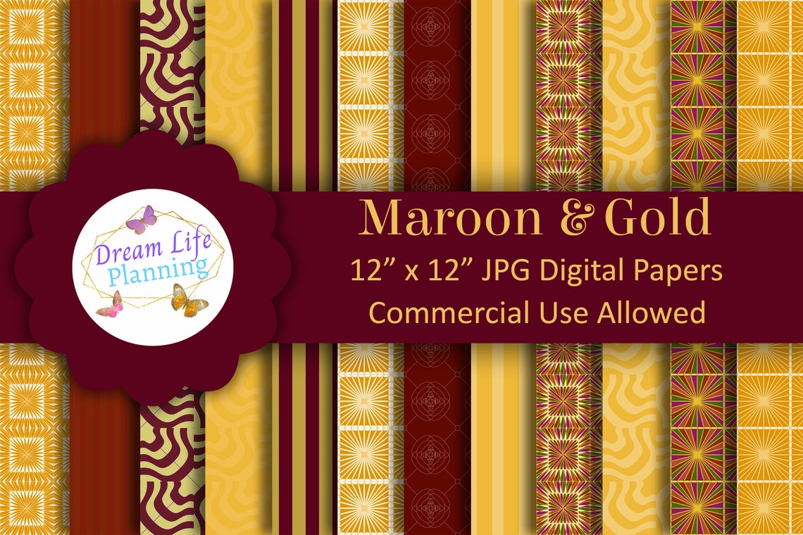 Maroon and Gold Scrapbook Paper 12x12 Craft Supplies Cardmaking Digital ...
