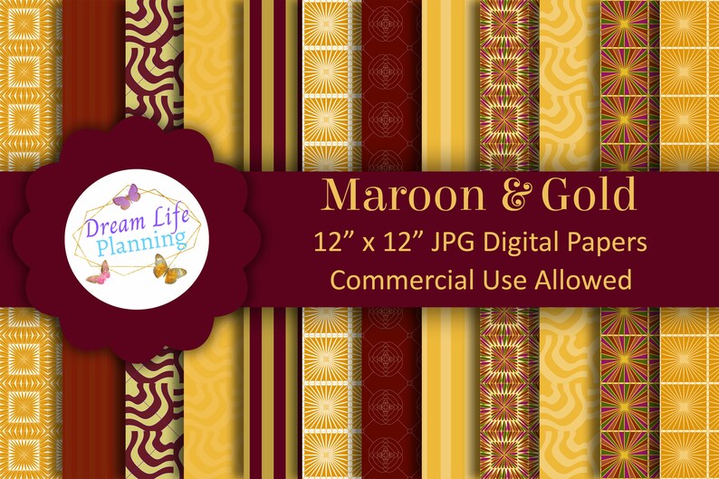 Maroon and Gold Scrapbook Paper 12x12 Craft Supplies Cardmaking Digital ...